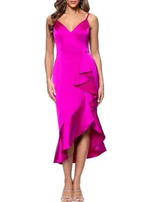 XSCAPE EVENINGS Cascade Ruffle Detail Satin Cocktail Dress - Magenta