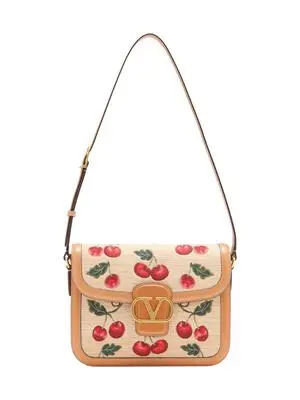 Valentino Garavani Cherry-detailed Raffia And Leather Shoulder Bag - Multi