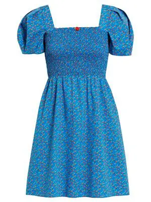 HVN Former Shirred Floral-print Mini Dress - Blue