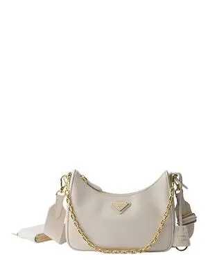 Prada Prada Re-Edition 2005 Saffiano Leather Bag With Chain And Woven Strap Chalk White