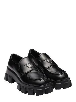 Prada Monolith Brushed Leather Loafers - Black