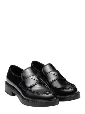 Prada Prada Chocolate Brushed Leather Loafers With Triangle Logo Black