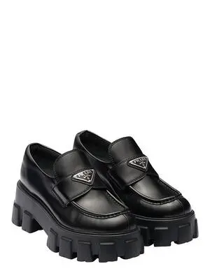 Prada Brushed Leather Monolith Loafers - Black