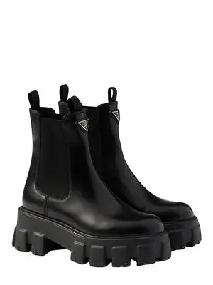 Prada Monolith Brushed Leather Chelsea Boots - Black