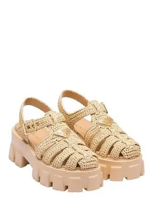 Prada Monolith Crochet Cage Sandals Neutral