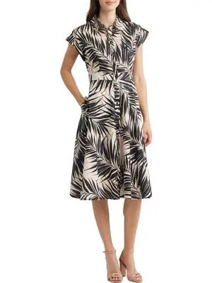 Vince Camuto Fern Print Cotton Poplin Midi Shirtdress - Black Sand