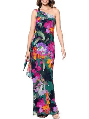 XSCAPE EVENINGS Floral One-shoulder Chiffon Gown - Green/ Multi