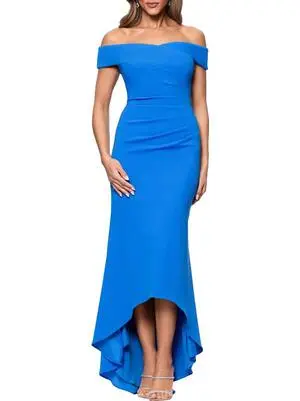 XSCAPE EVENINGS Off-the-shoulder High-low Scuba Crepe Gown - Blue