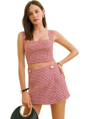 REFORMATION Jasmine Linen Top Tomato Check