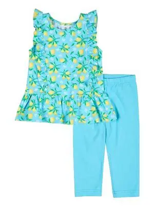 FLORENCE EISEMAN Lemon Print Top With Capri Leggings - Blue / Yellow