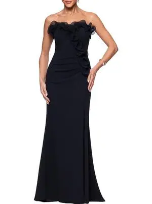 XSCAPE EVENINGS Ruffle Detail Strapless Scuba Crepe Sheath Gown - Black