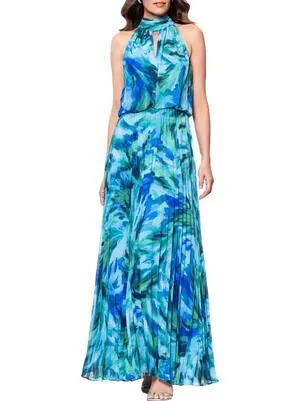 XSCAPE EVENINGS Abstract Floral Pleated Chiffon Gown - Turquoise/ Navy
