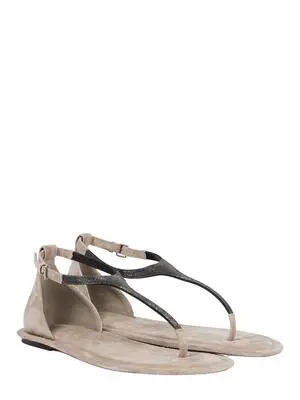 Brunello Cucinelli Monili Suede Thong Sandals - White