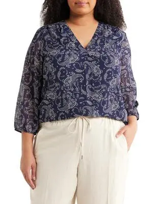 Jones New York Kelly Paisley Top - Pacific Navy/ Jones White