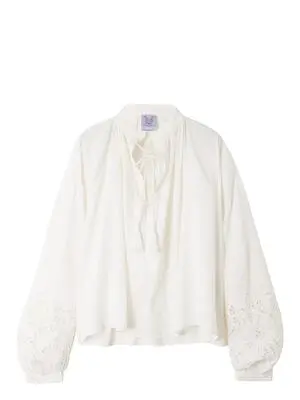 Thierry Colson Gathered Broderie Anglaise Linen And Cotton-blend Blouse - Off-white