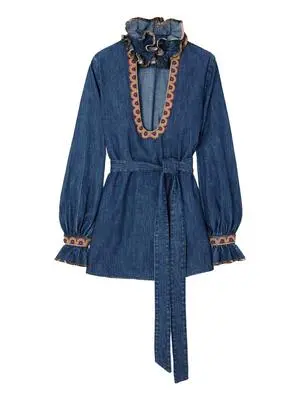 Valentino Garavani Embroidered Ruffled Embellished Chambray Top - Blue