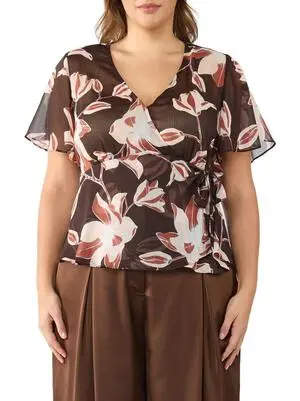 ESTELLE Azalea Petal Wrap Top - Brown Print