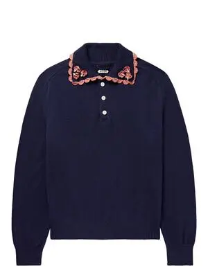 BODE Rookie Appliquéd Embellished Wool And Cashmere-blend Polo Shirt - Blue