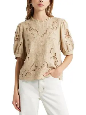 Treasure & Bond Embroidered Cutwork Puff Sleeve Top - Beige Humus