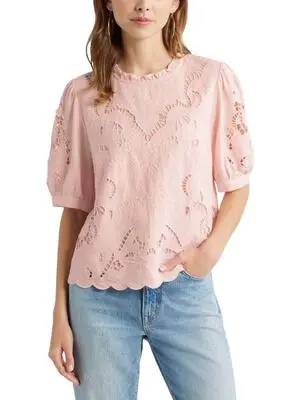 Treasure & Bond Embroidered Cutwork Puff Sleeve Top - Pink Lotus