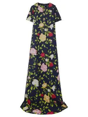 Oscar De La Renta Button-embellished Floral-print Gown - Blue