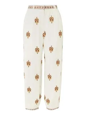 Farm Rio Anchor Tapestry Embroidered Georgette Tapered Pants - Off-white