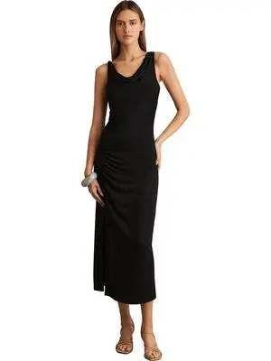 Paige Cowl-neck Ruched Jersey Midi Dress - Black