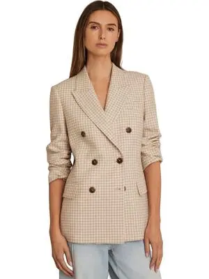 REISS Bella Double-breasted Blazer - Neutral Check