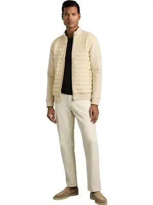 REISS Freddie Hybrid Quilt And Knit Zip-through Jacket - Light Stone