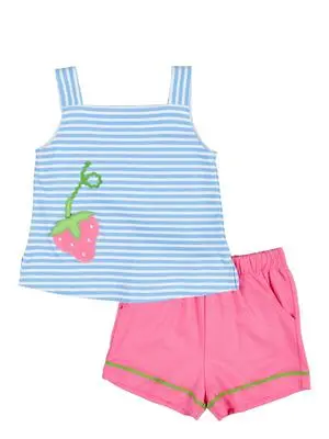 FLORENCE EISEMAN Stripe Knit Short Set With Applique Pocket - Light Blue / White
