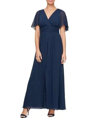 SL FASHIONS Beaded Flutter Sleeve A-line Gown - Navy
