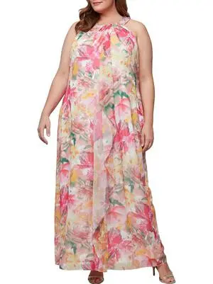 SL FASHIONS Floral Embellished Halter Neck Gown - Pink Multi