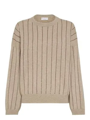 Brunello Cucinelli Brunello Cucinelli Cashmere Striped Sweater With Monili Detail Brown