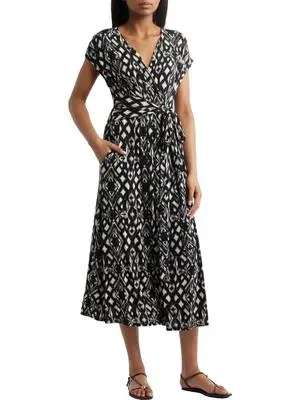 Loveappella Geo Print Faux Wrap Midi Dress - Black/ Grey