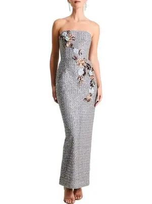 HELSI Silvia Floral Sequin Strapless Cocktail Dress - Platinum