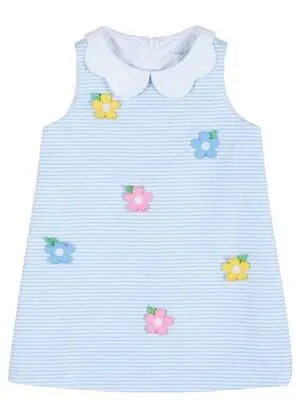 FLORENCE EISEMAN Stripe Birdseye Pique Dress With Appliqué Flowers - Light Blue / White