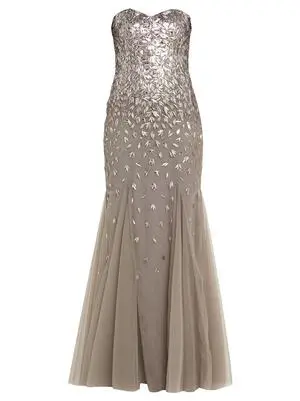 Pamella Roland Strapless Embroidered Godet Gown - Smokesilver
