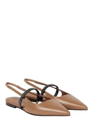 Brunello Cucinelli Leather Slingback Flats - Brown