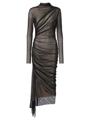 MUGLER Asymmetrical Mesh Midi Dress - Black