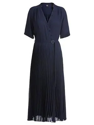 BOSS V-neck Pleated-skirt Woven Midi Dress - Dark Blue