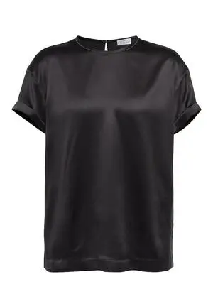 Brunello Cucinelli Embellished Silk-blend Satin T-shirt - Black