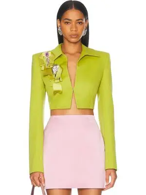 AREA Crystal Embellished Bow Cropped Jacket - Chartreuse