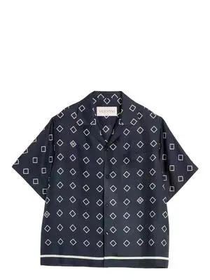 Valentino Garavani Silk Twill Bowling Shirt With All-over Opticool Print - Blue