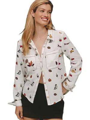 PILCRO Embroidered Icon Buttondown Shirt - Ivory