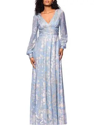 Betsy & Adam Betsy & Adam Foil Pattern Long Sleeve Gown Periwinkle/gold
