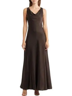 WAYF Tala Cowl Neck Satin Gown - Dark Espresso