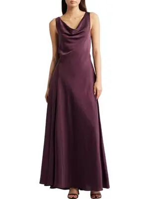 WAYF Tala Cowl Neck Satin Gown - Plum