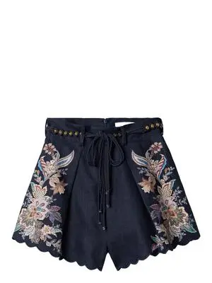 Zimmermann Rhiannon Floral-print Linen Shorts With Belt - Blue