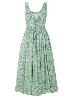 DÔEN Emmaretta Floral-print Organic Cotton-voile Midi Dress - Green