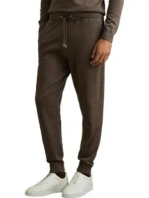 REISS Billings Merino Wool Blend Drawstring Joggers - Dark Brown Melange